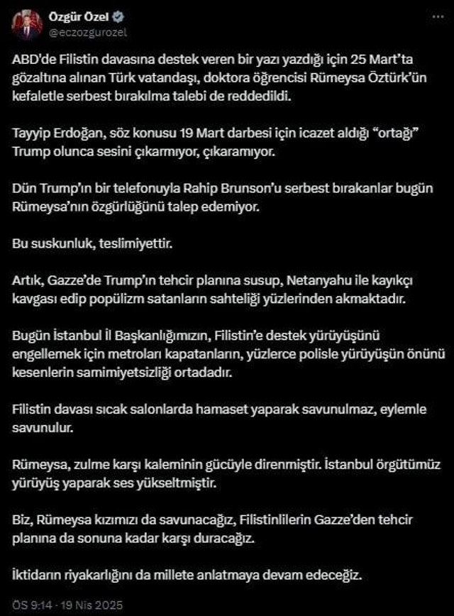 Özel'den Erdoğan'a Rahip Brunson göndermesi